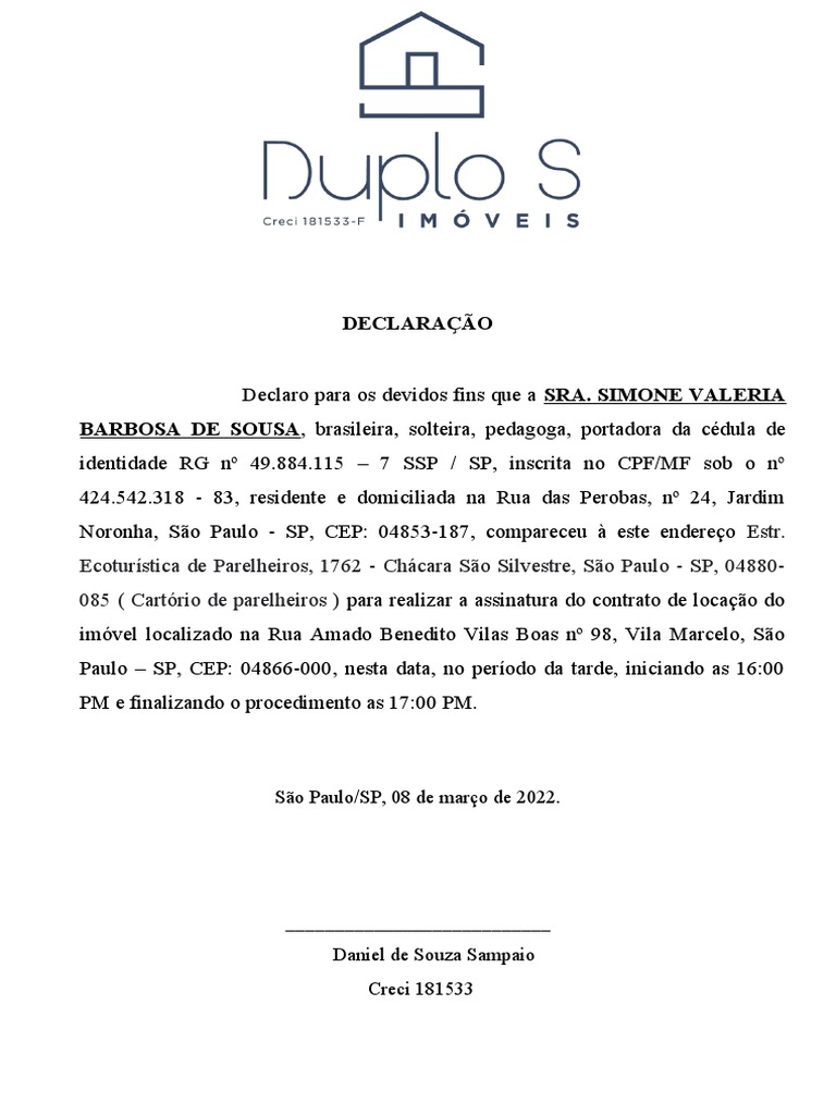 Declaraçao de Comparecimento para Clientes | PDF Declaraçao de Comparecimento para Clientes | PDF