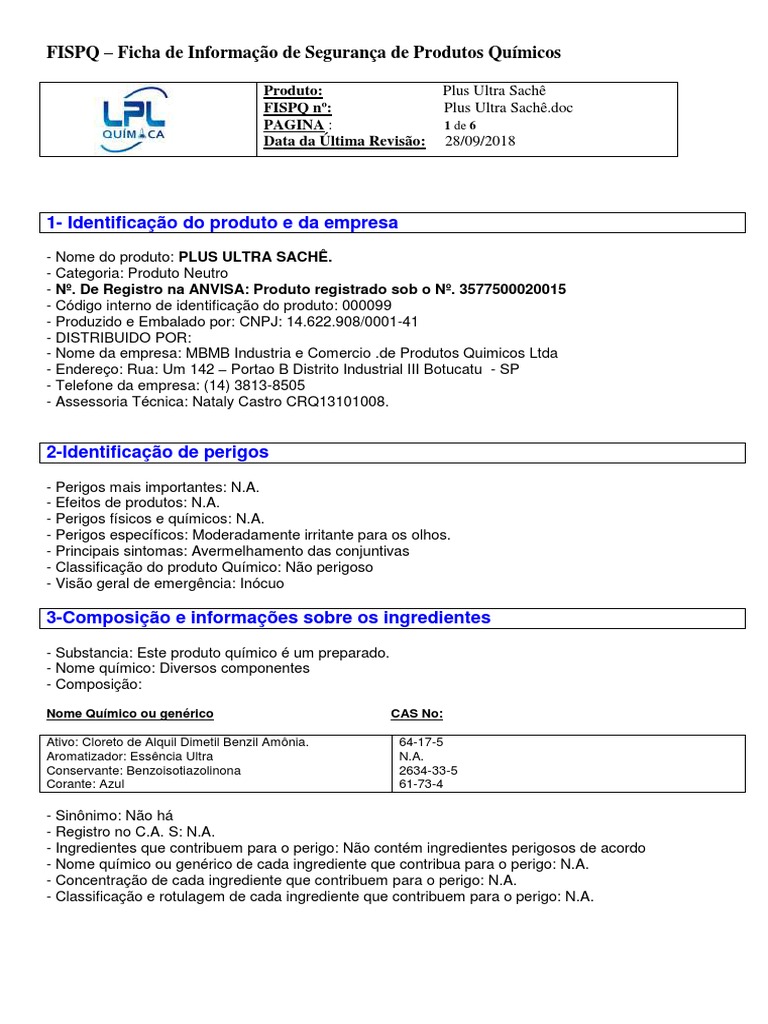 FISPQ - PLUS ULTRA Sachê MBMB | PDF | Embalagem e rotulagem | Sódio