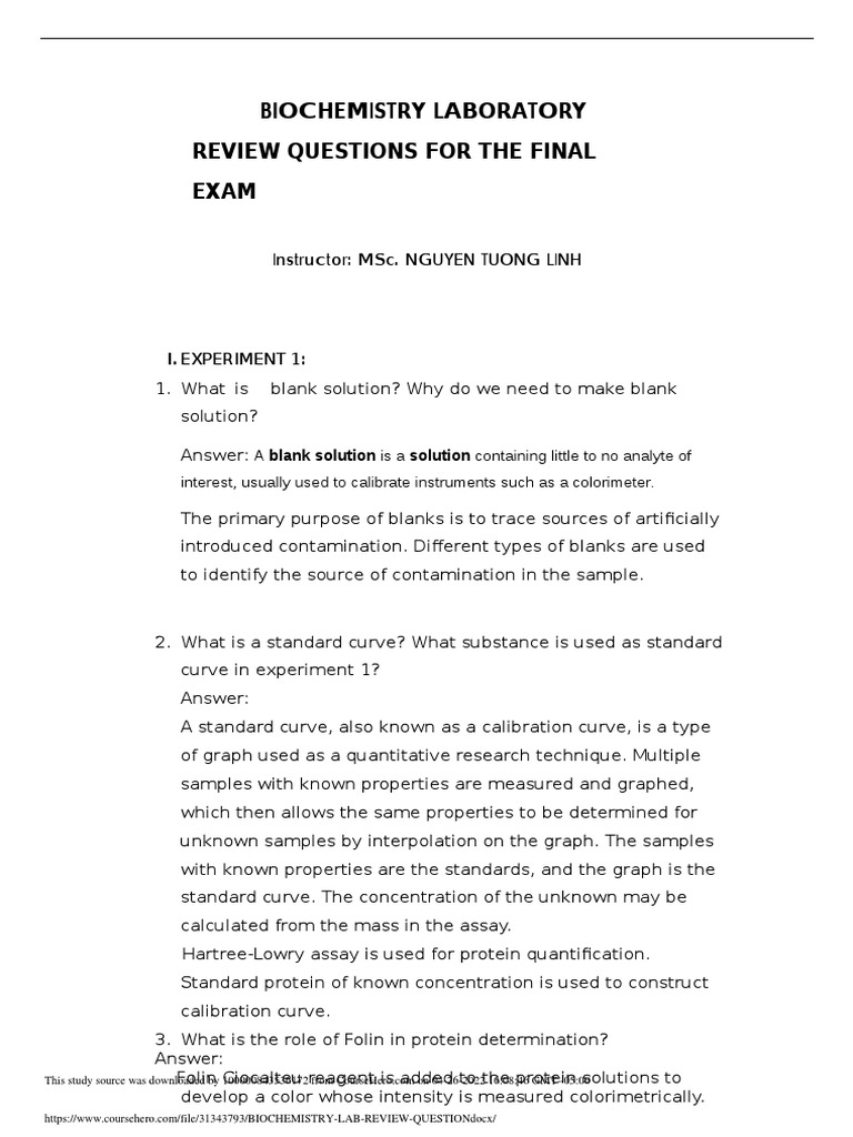 Biochemistry Lab Final Exam Review | PDF | Chemistry | Titration
