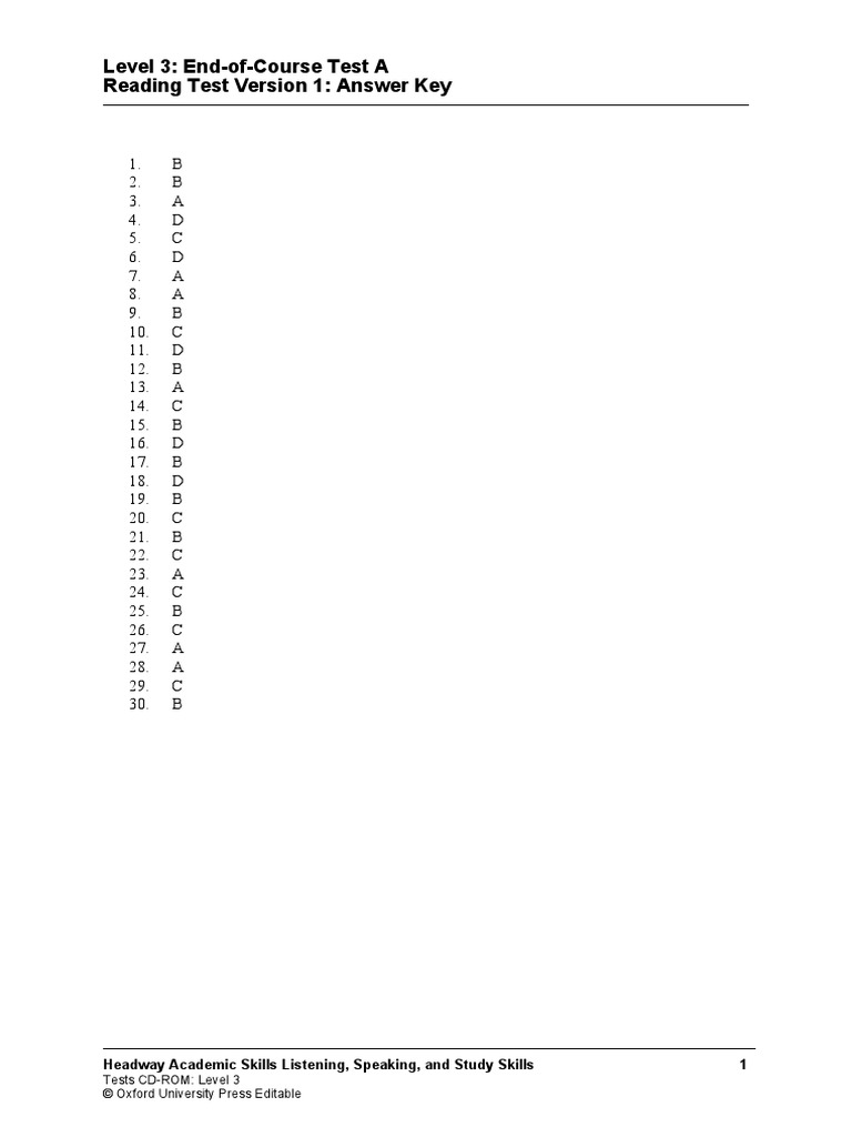 Level 3: End-of-Course Test A Reading Test Version 1: Answer Key | PDF