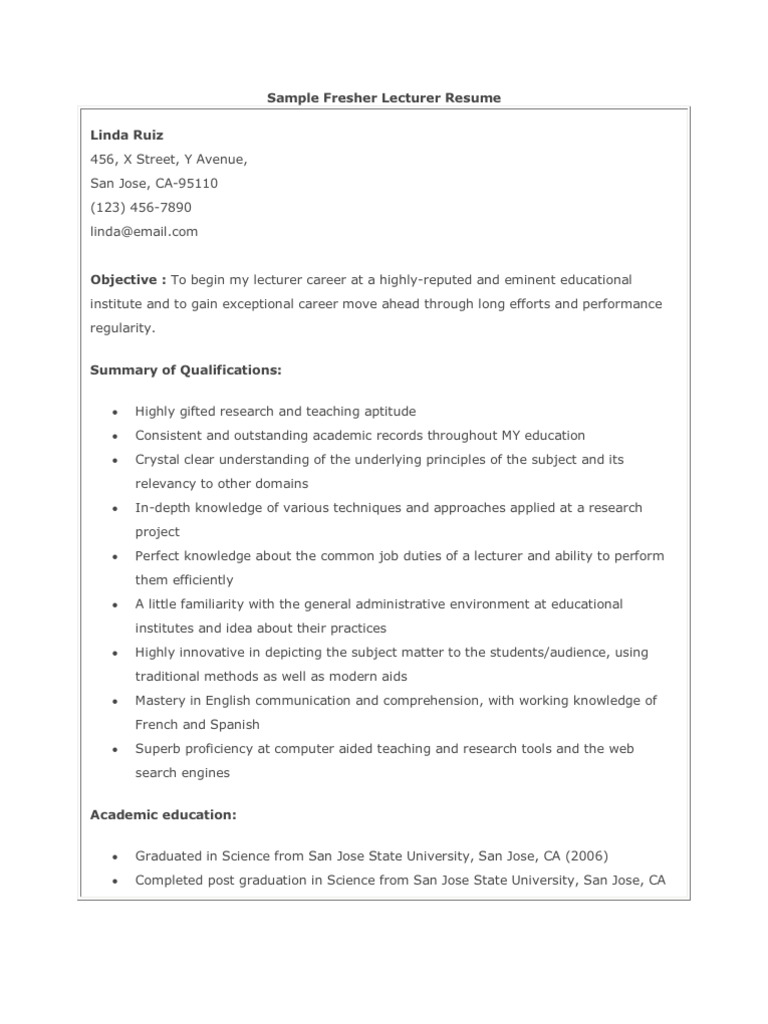 Sample Fresher Lecturer Resume | PDF | University | Science