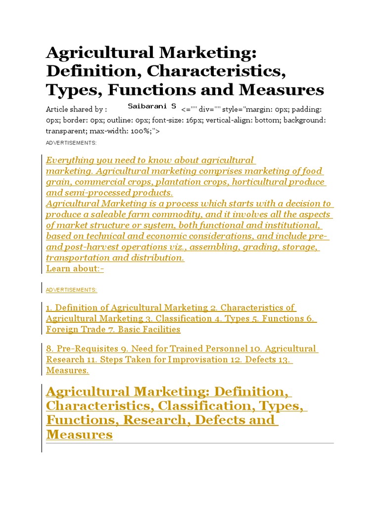 Agricultural Marketing: Definition, Characteristics, Types, Functions and Measures | PDF ...