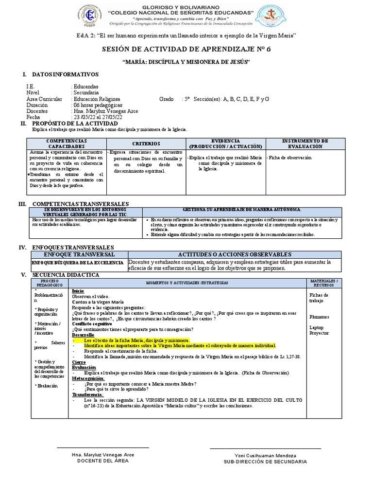 N°6-Esquema de Sesión de Actividad de Aprendizaje 2022 | PDF | María ... N°6-Esquema de Sesión de Actividad de Aprendizaje 2022 | PDF | María ...