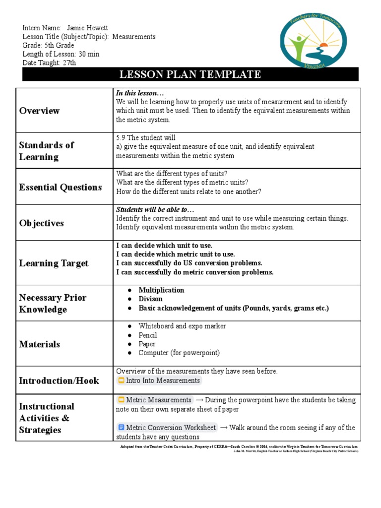 Measurements Lesson Plan Template 2021 | PDF | Notation | Metrology