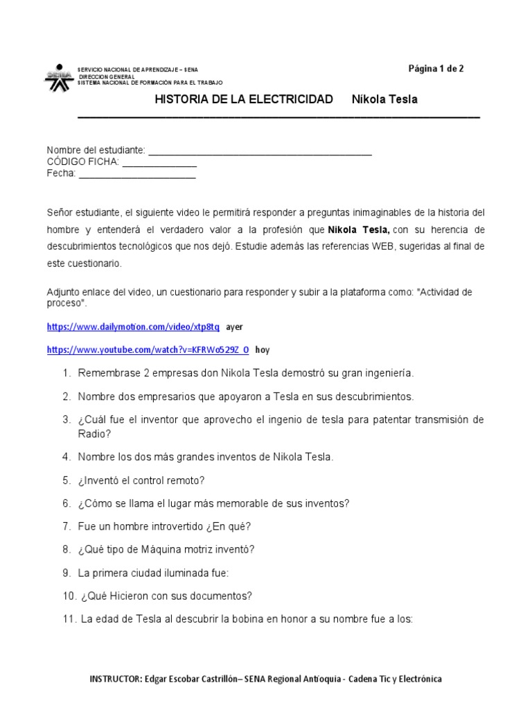 Cuestionario Nikola Tesla | PDF | Nikola Tesla | Electromagnetismo