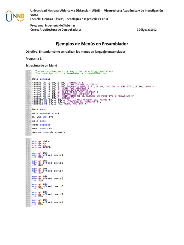 Ejemplos De Menús En Ensamblador Pdf Lenguaje Ensamblador Código