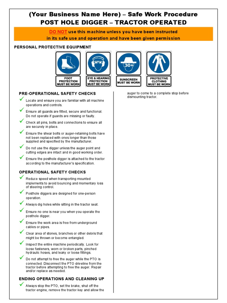 (Your Business Name Here) - Safe Work Procedure Post Hole Digger ...