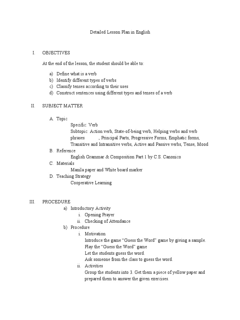 Detailed Lesson Plan in English | PDF | Language Arts & Discipline