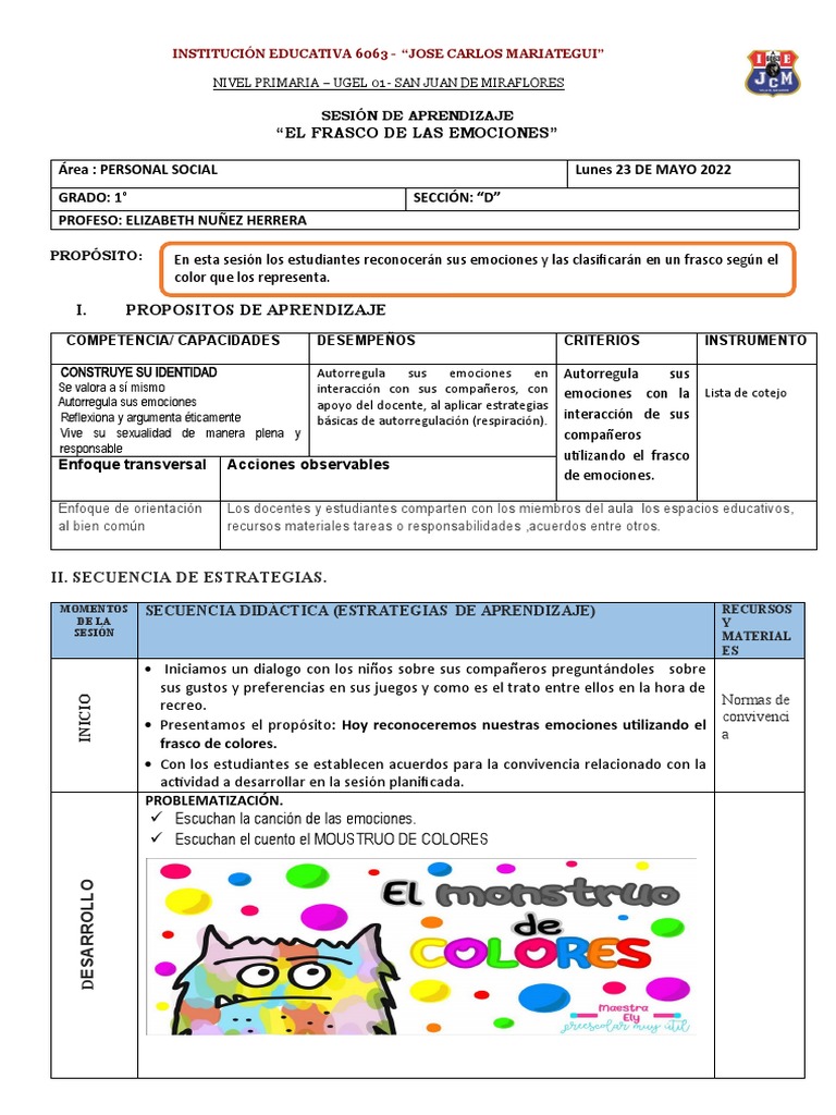 Frasco de las Emociones en Preescolar | PDF | Las emociones | Aprendizaje