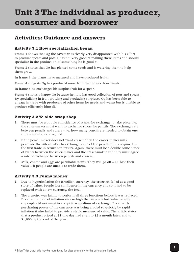 Unit 3 The Individual As Producer, Consumer and Borrower: Activities ...