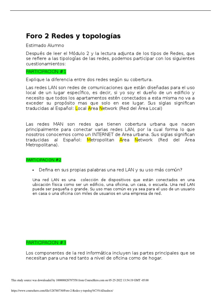 Foro 2 Redes y Topolog As | PDF | Red de computadoras | Red de área local