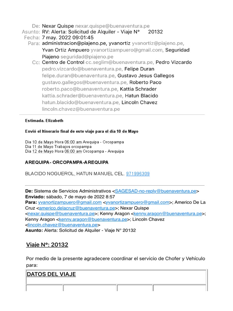 Viaje N°: 20132: Arequipa-Orcopampa-Arequipa | PDF | Lima | Transporte