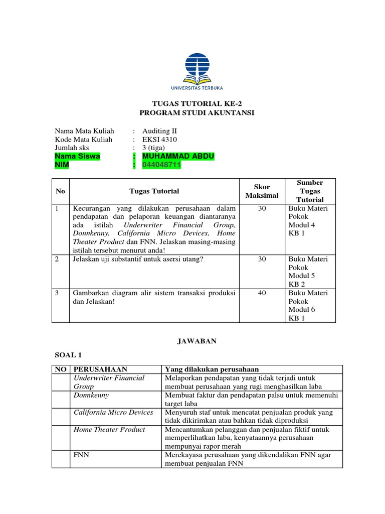 Tugas Tutorial Ke-2 Auditing 2 | PDF