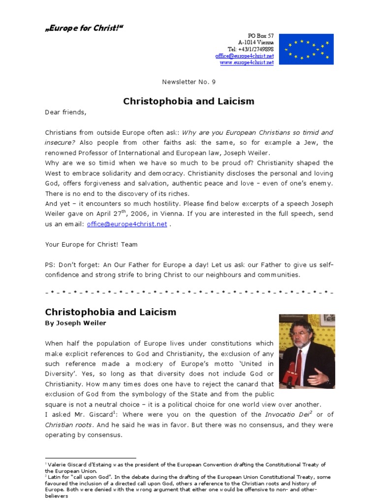 Christophobia and Laicism by Joseph Weiler - Letter For Europe Nr. 9 ...
