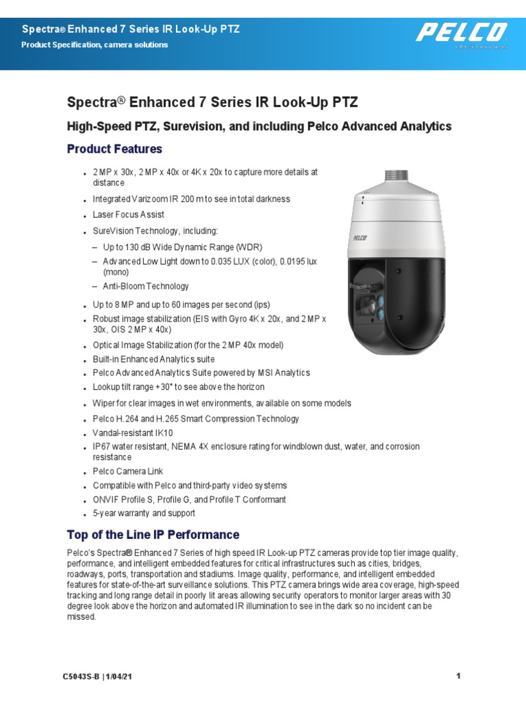 Spectra Enhanced 7 Series IR Look-Up PTZ: High-Speed PTZ, Surevision, and Including Pelco ...