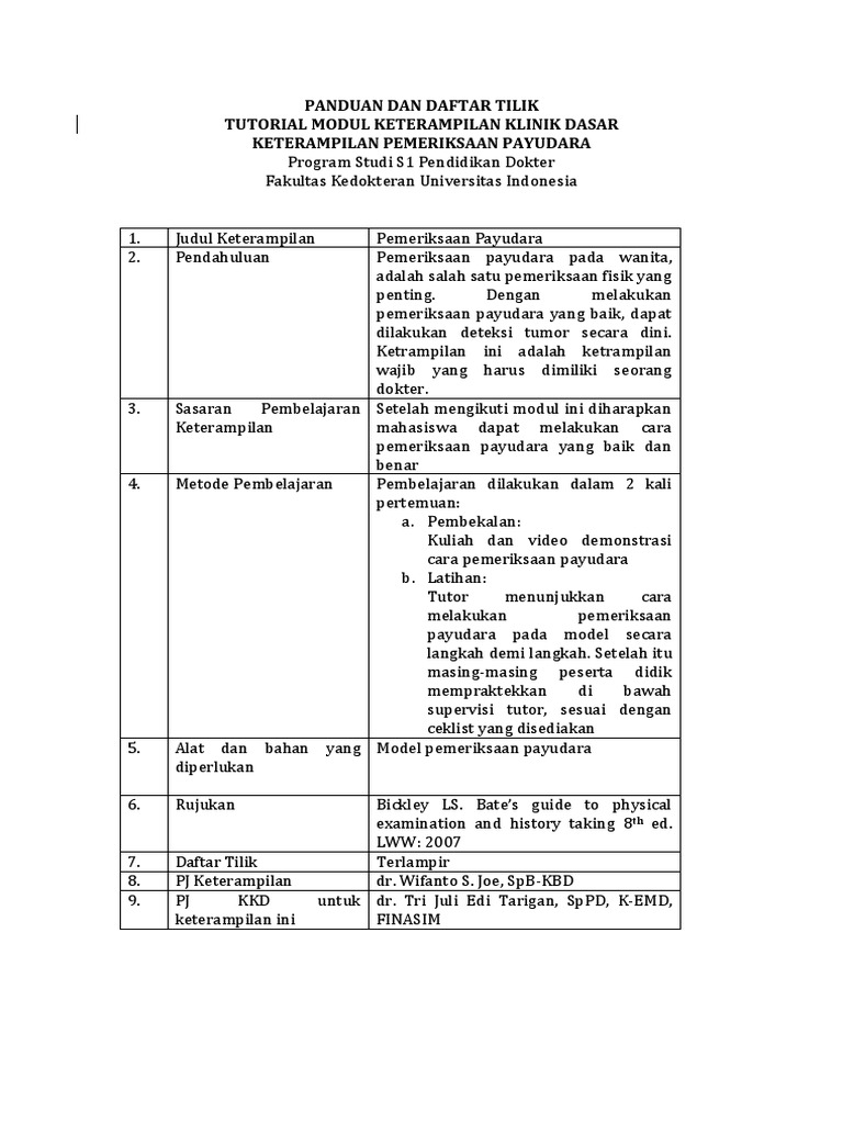 Pemeriksan Payudara - Panduan - Daftar Tilik Dan CeklistTutorial KKD | PDF | Karier & Perkembangan