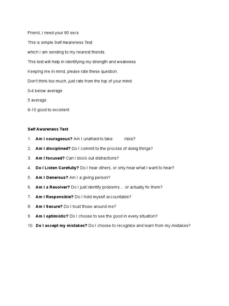 Self Awareness Test For Me | PDF