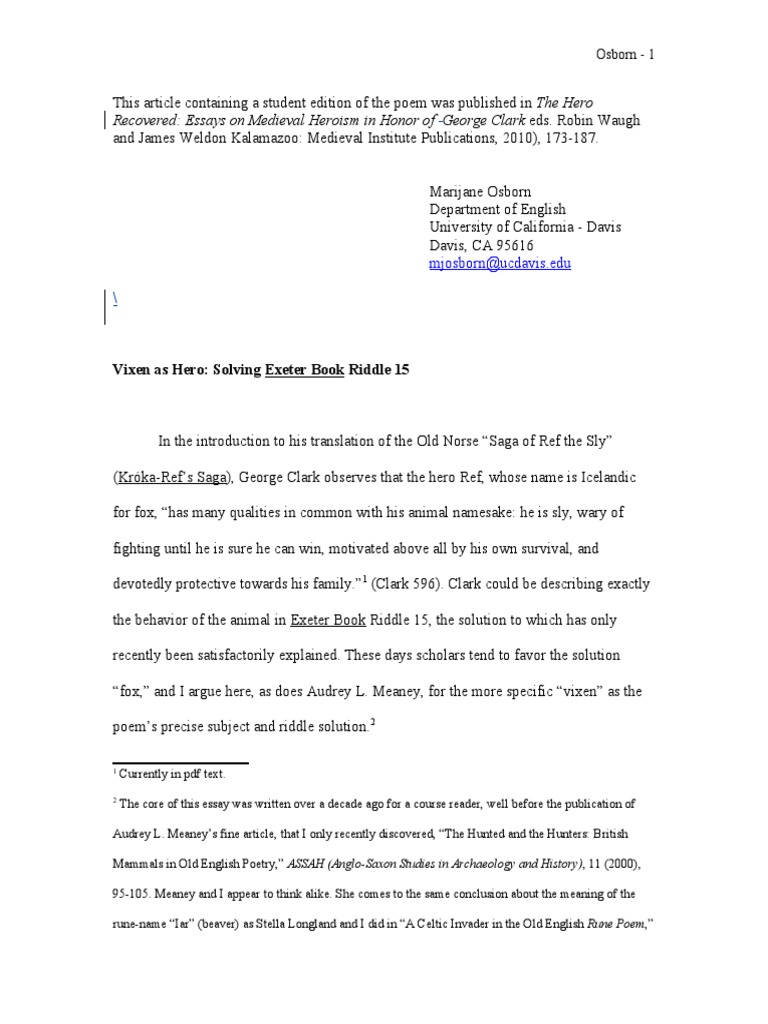 Vixen As Hero: Solving Exeter Book Riddle 15 | PDF | Grammatical Gender ...
