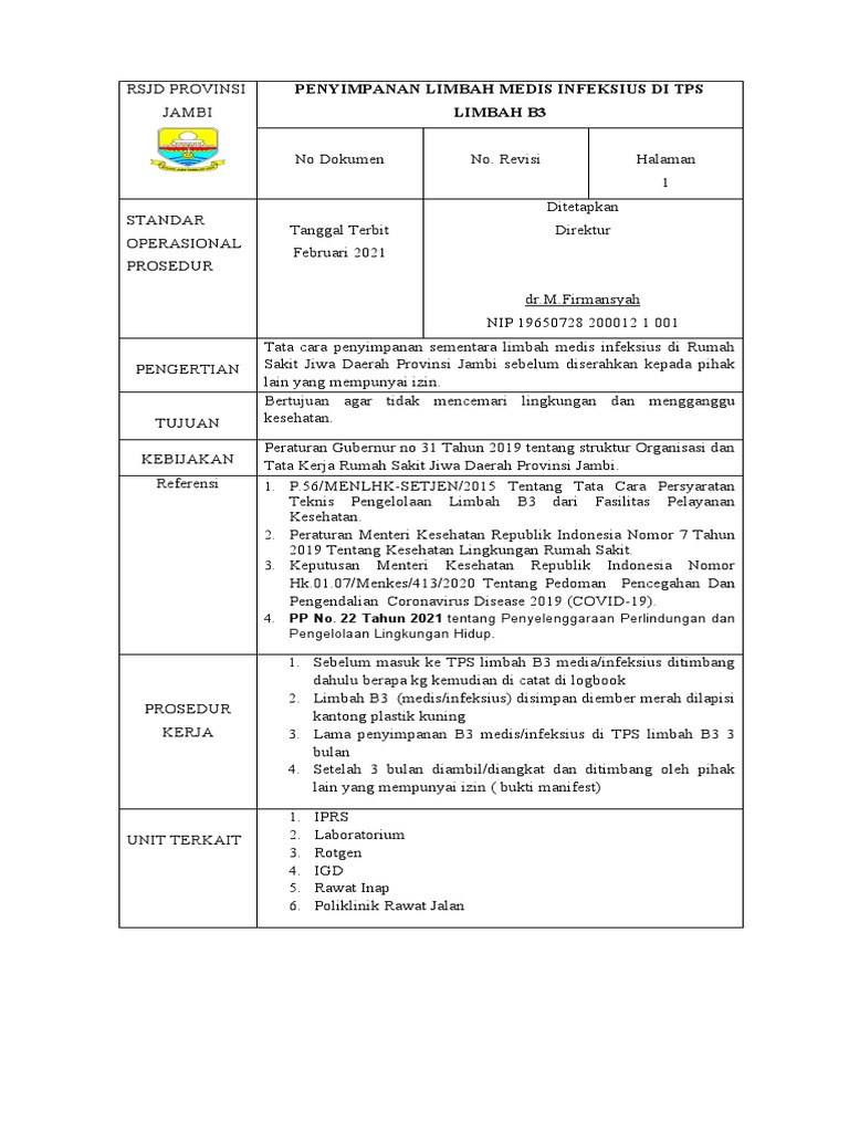 Sop Penyimpanan Limbah Medis Infeksius Di TPS | PDF