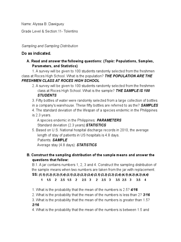 Sampling and Sampling Distribution Worksheet | PDF | Sampling ...