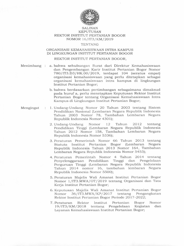 Ditmawa PK - Salinan Keputusan Rektor IPB Nomor 16 IT3 KM 2019 Tentang ...