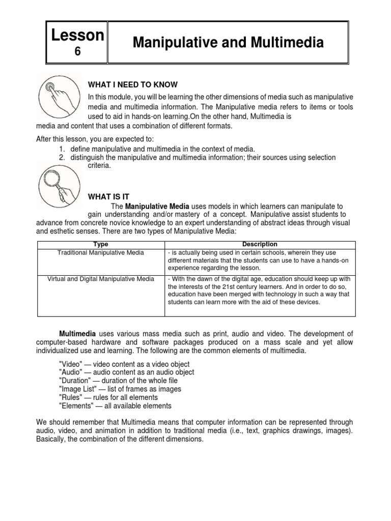 Lesson: Manipulative and Multimedia | PDF | Multimedia | Mass Media