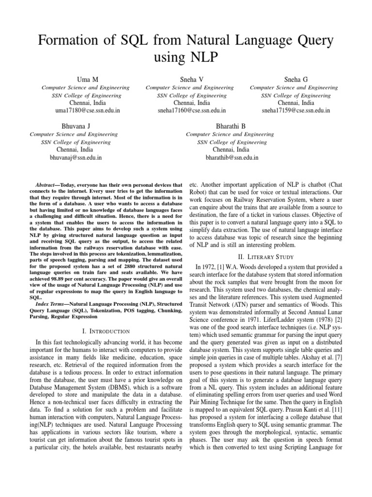 Formation of SQL From Natural Language Query Using NLP: Uma M Sneha V ...