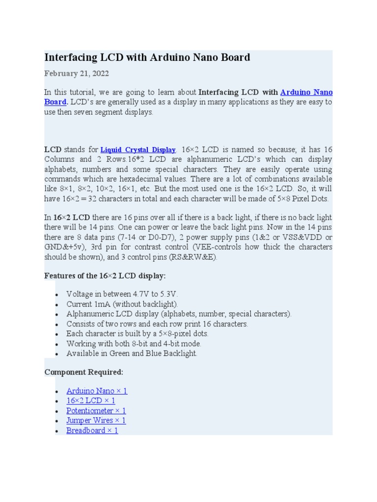 Interfacing LCD Arduino Nano | PDF | Liquid Crystal Display | Backlight