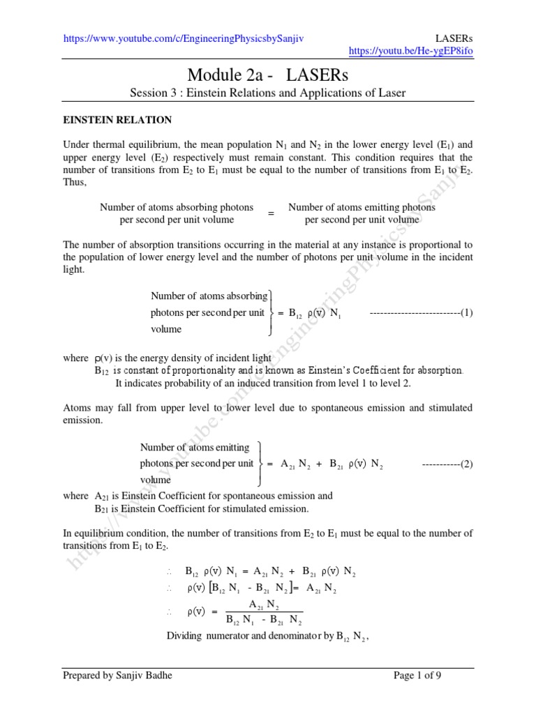 02a LASERs Session 3 (Einstein Relations and Applications of Laser ...