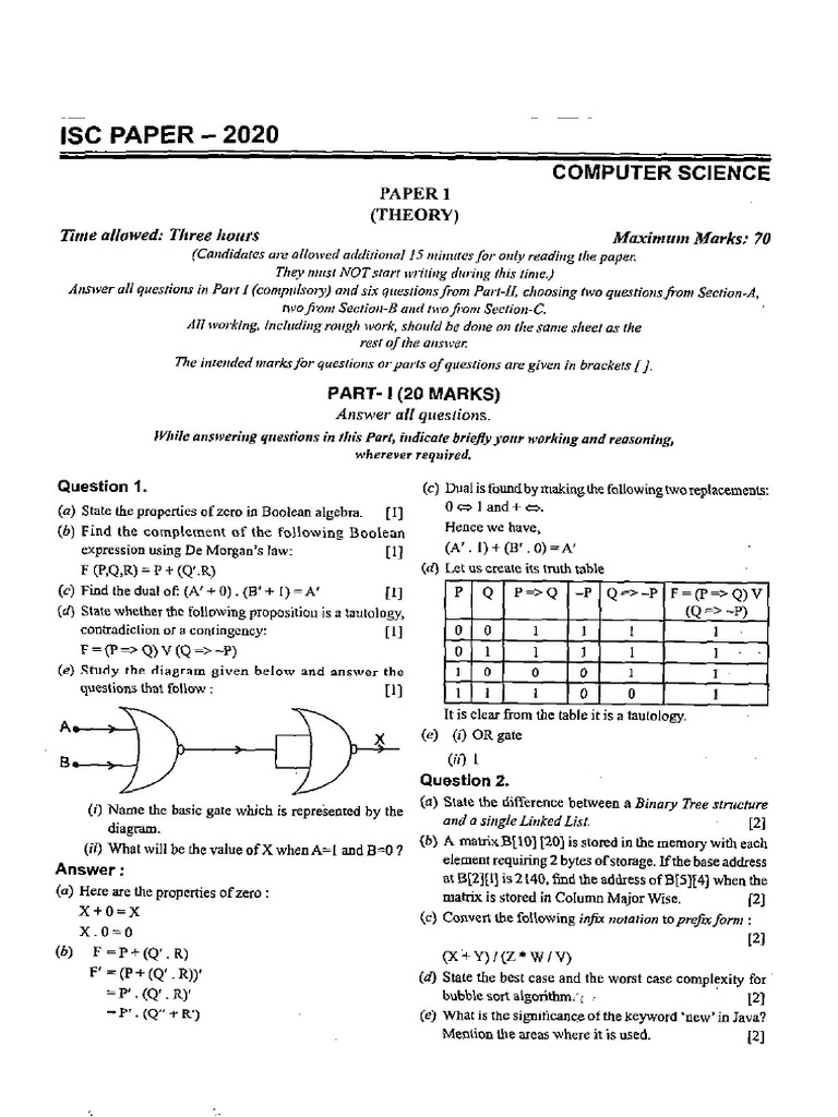 ISC 2020 Solved Paper Computer Science | PDF