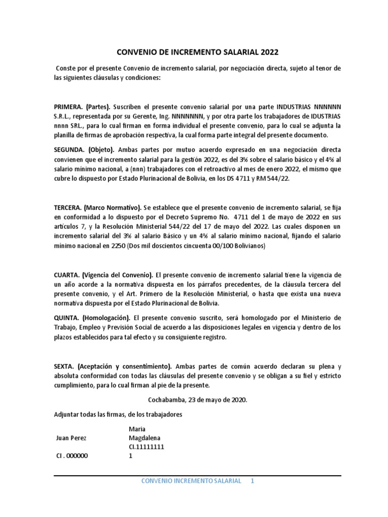 CONVENIO DE INCREMENTO SALARIAL 2020 - Ejemplo | PDF | Salario mínimo ...