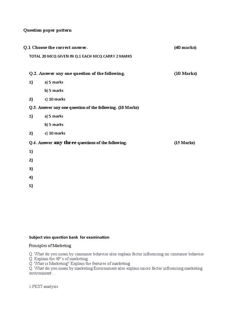QUESTION PAPER FORMAT and Question Bank | PDF | Marketing | Behavior