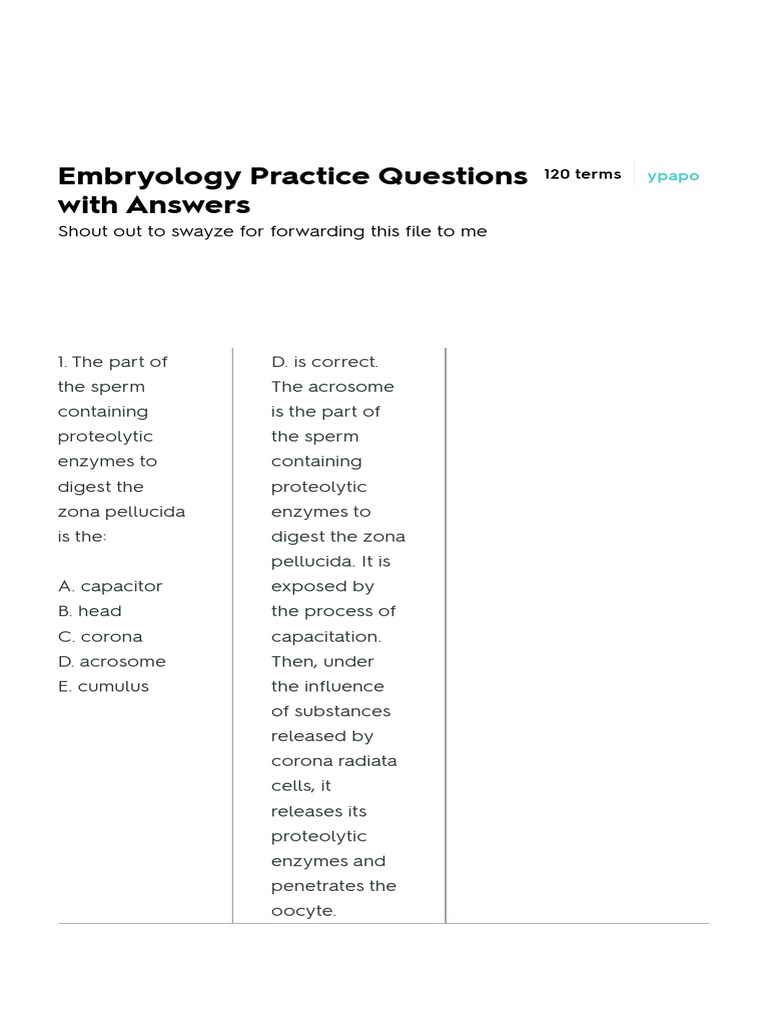 Embryology Practice Questions With Answers Questions and Study Guide ...