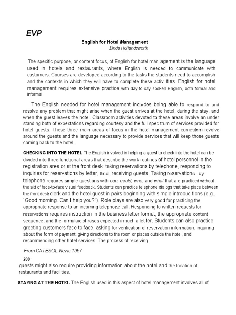English for Hotel Management Training | PDF | Restaurants | English ...