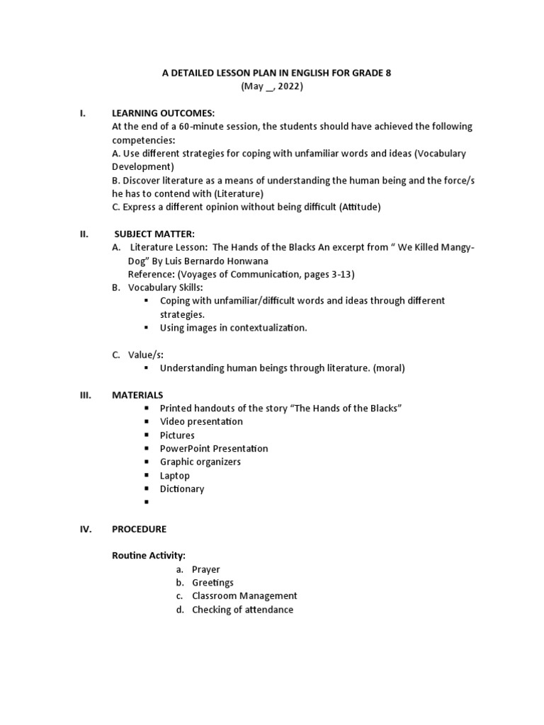 Grade 8 English Literature Lesson Plan | PDF | Reading Comprehension ...