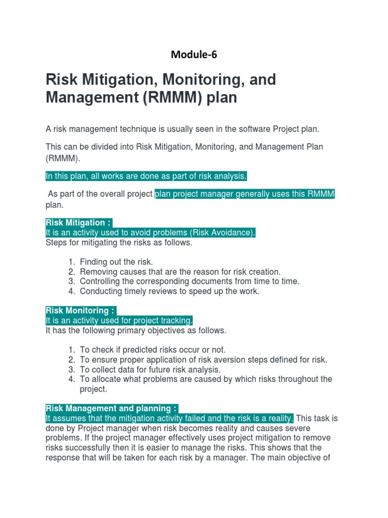Risk Mitigation, Monitoring, and Management (RMMM) Plan: Module-6 | PDF ...