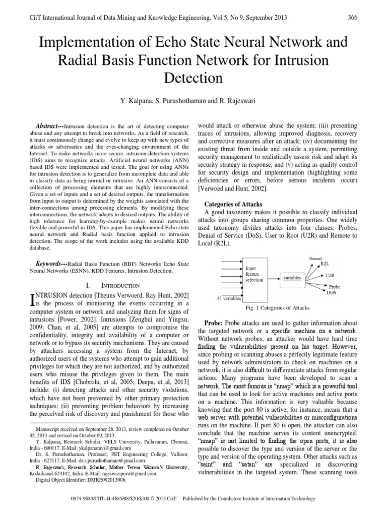 Implementation Of Echo State Neural Network And Radial Basis Function Network For Intrusion