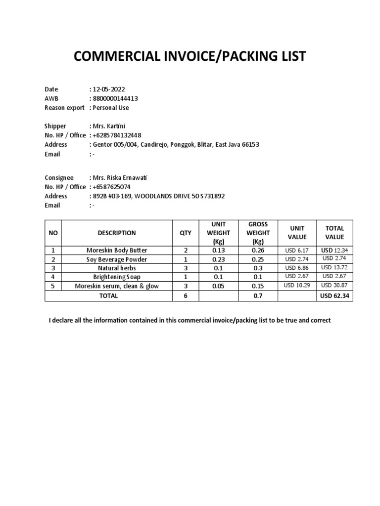 Commercial Invoice/Packing List: NO Description QTY Unit Weight (KG ...