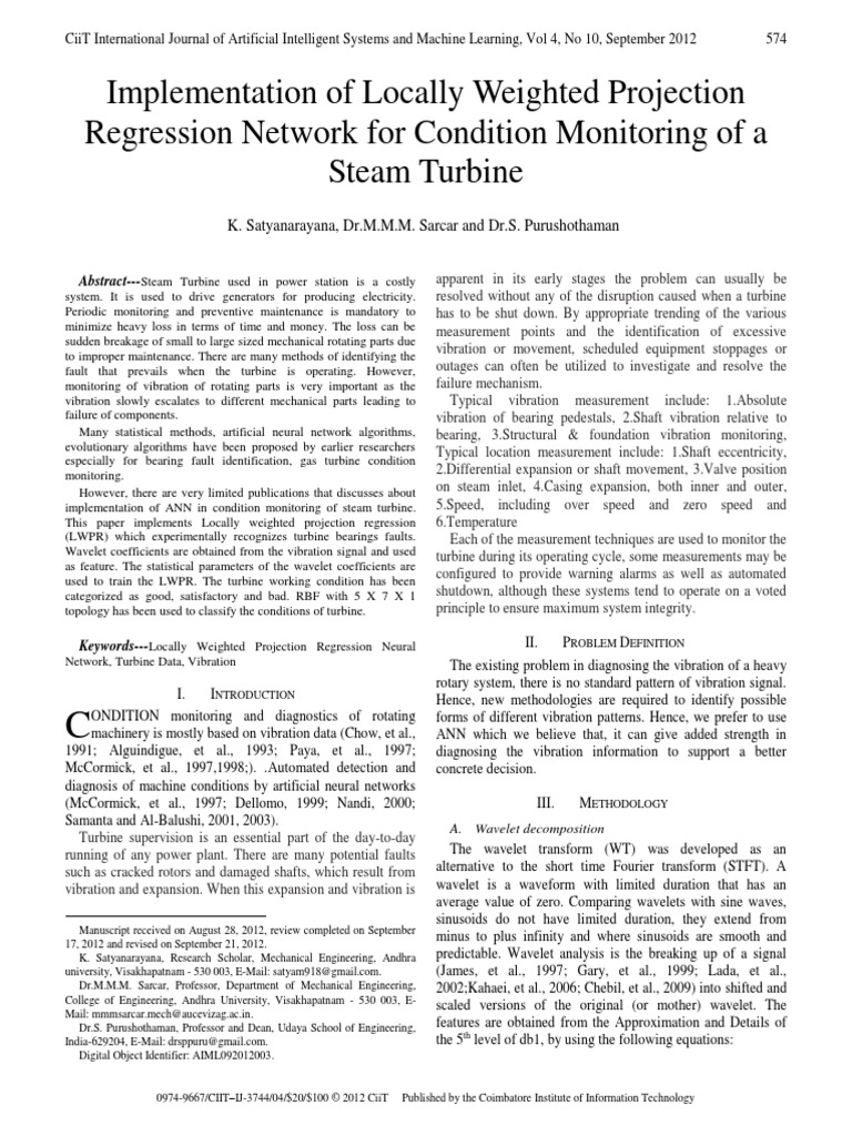 Implementation Of Locally Weighted Projection Regression Network For Condition Monitoring Of A
