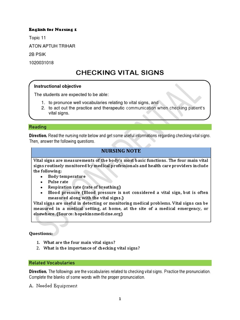 English Topic 11 - Aton 2B Psik Checking Vital Signs | PDF | Clinical ...