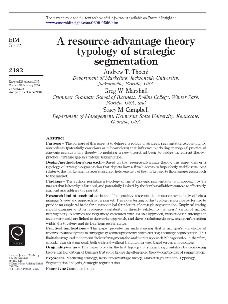 A Resource-Advantage Theory Typology of Strategic Segmentation | PDF | Market Segmentation ...