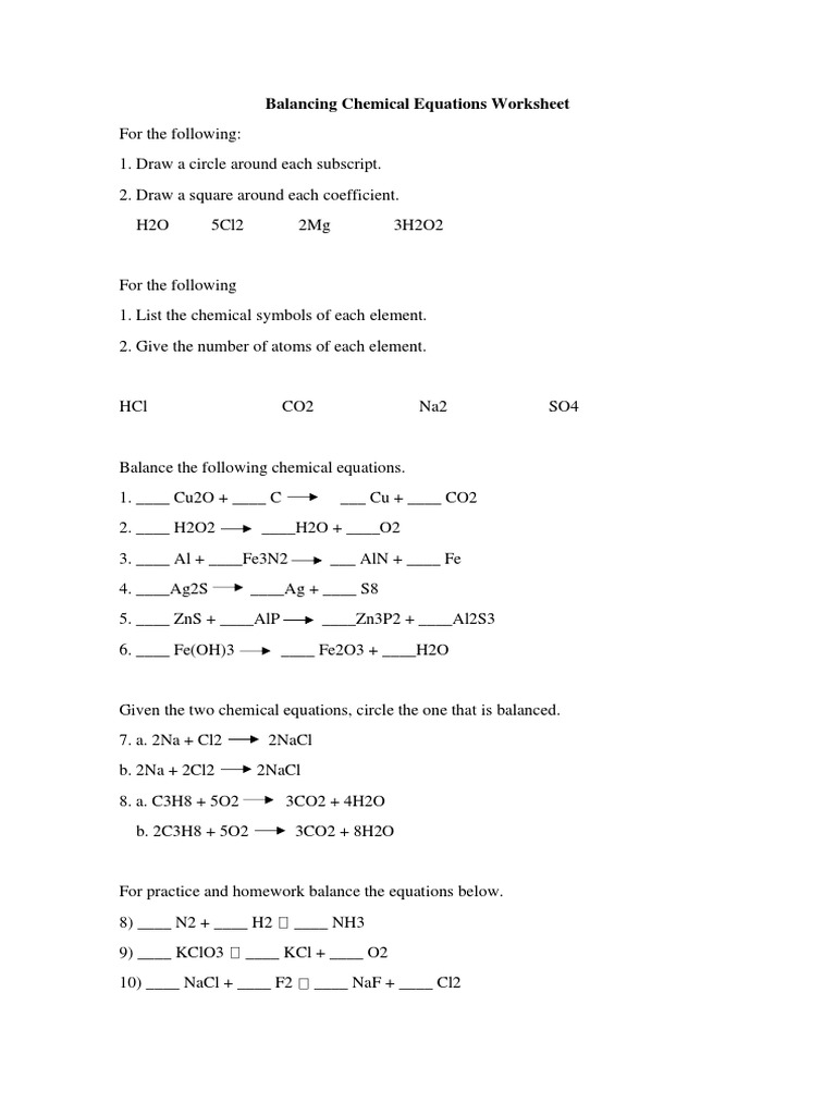 Balancing Chemical Equations Worksheet | PDF