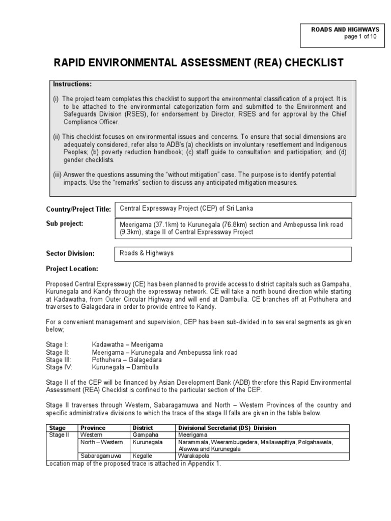 Rapid Environmental Assessment (Rea) Checklist: Instructions | PDF ...