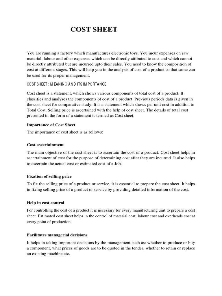 EEC Unit5-Cost Sheet | PDF | Cost | Expense