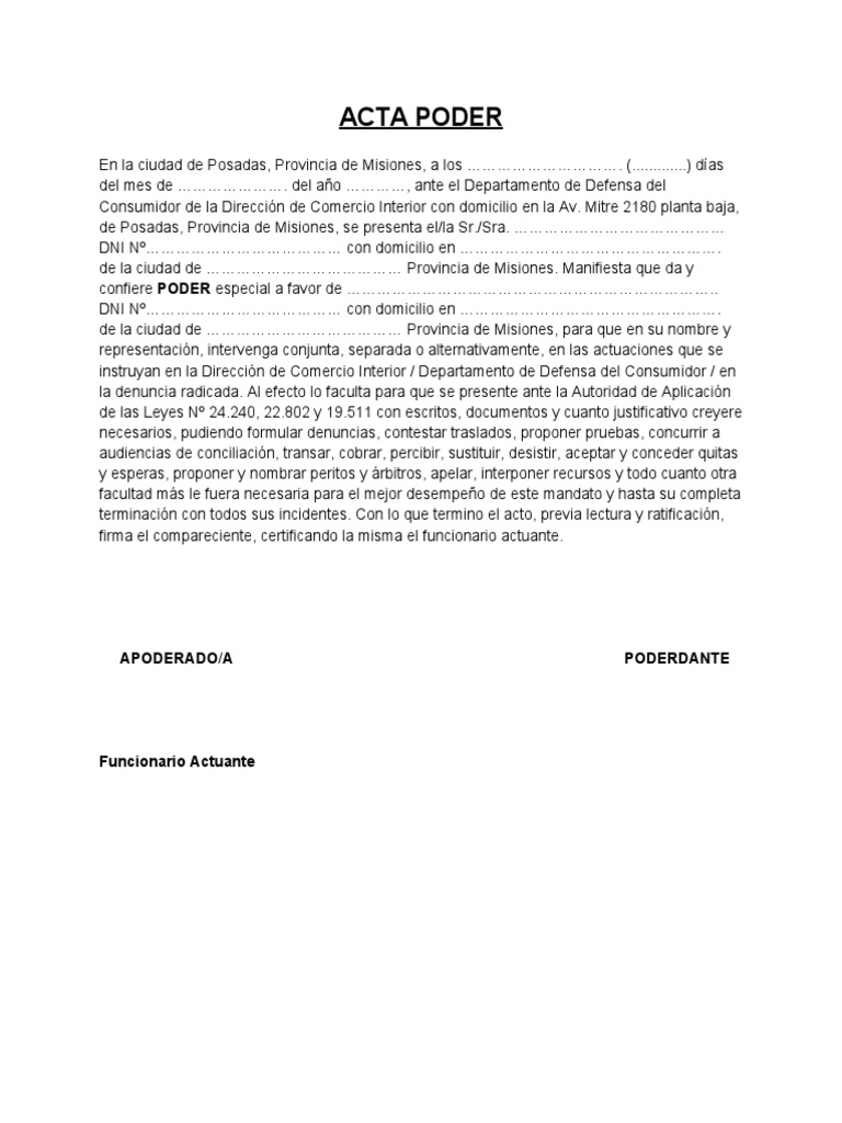 MODELO de ACTA PODER para Defensa Del Consumidor. | PDF