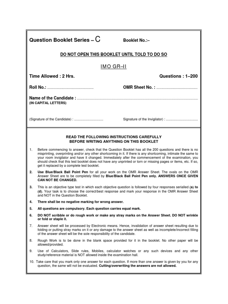 Objective Type Test Question Booklet for IMO GR-II Examination | PDF ...