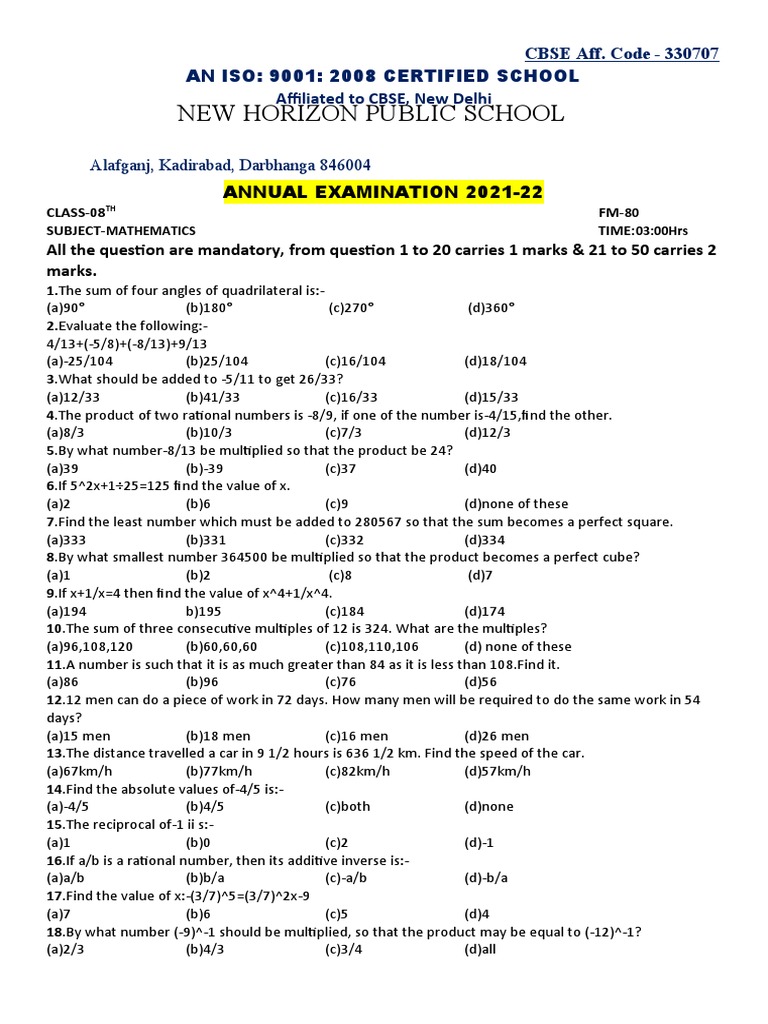 Class 8 Maths Model Test Paper | PDF | Mathematics | Mathematical Objects