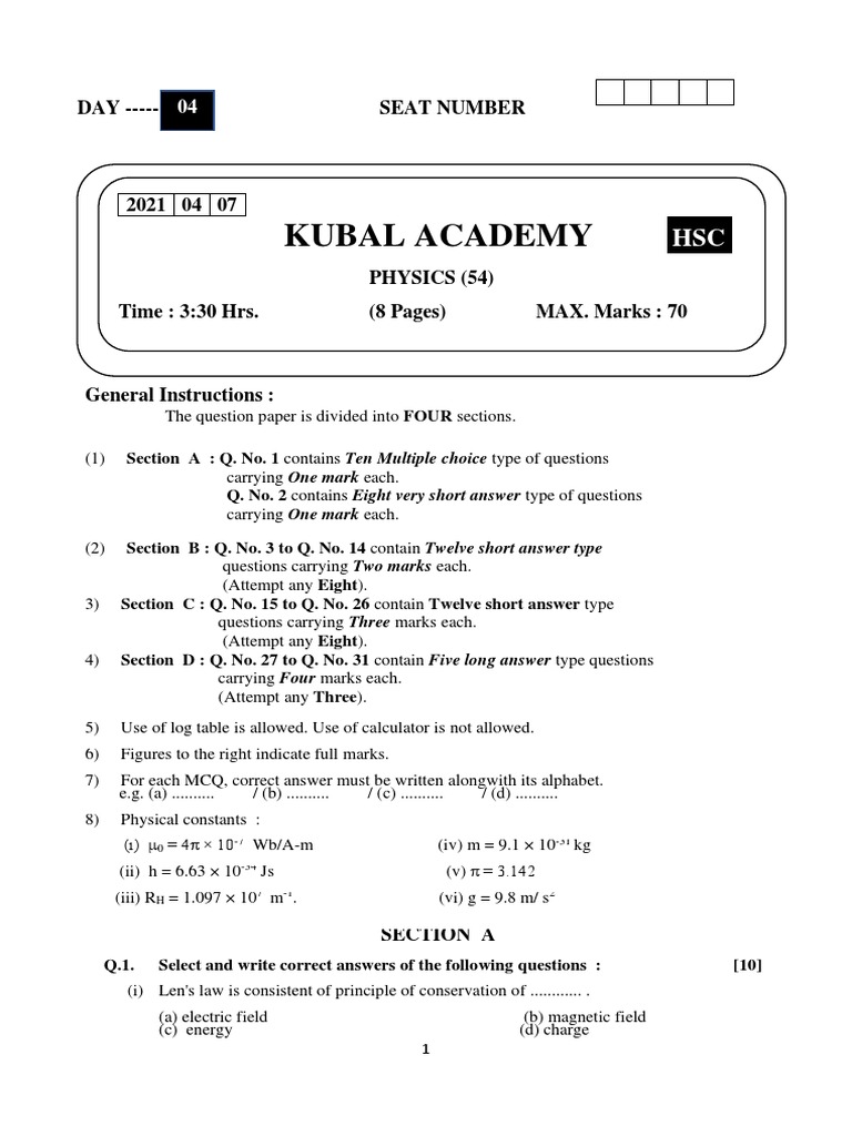 Physics Q Paper HSC Apr 2021 Kubal Academy | PDF | Electron | Waves