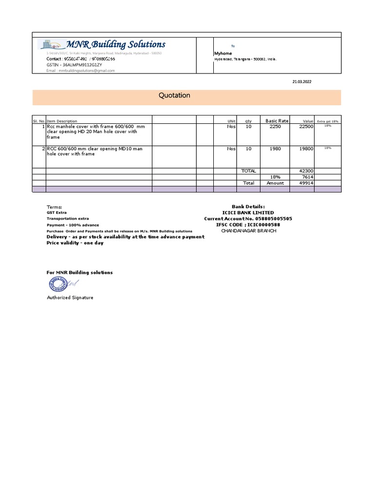 Quotation For RCC Manholecovers 21.3.2022 | PDF | Payments | Banking