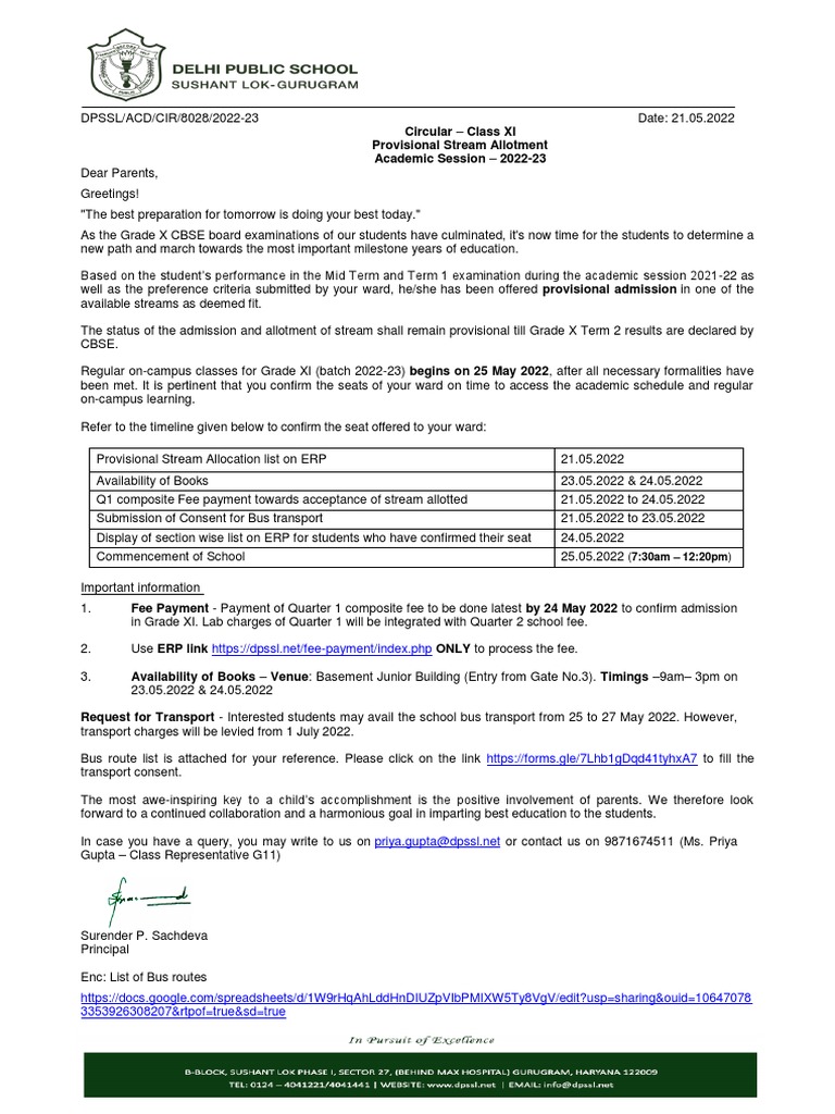 Circular - Class XI Provisional Stream Allotment Academic Session - 202223 | PDF
